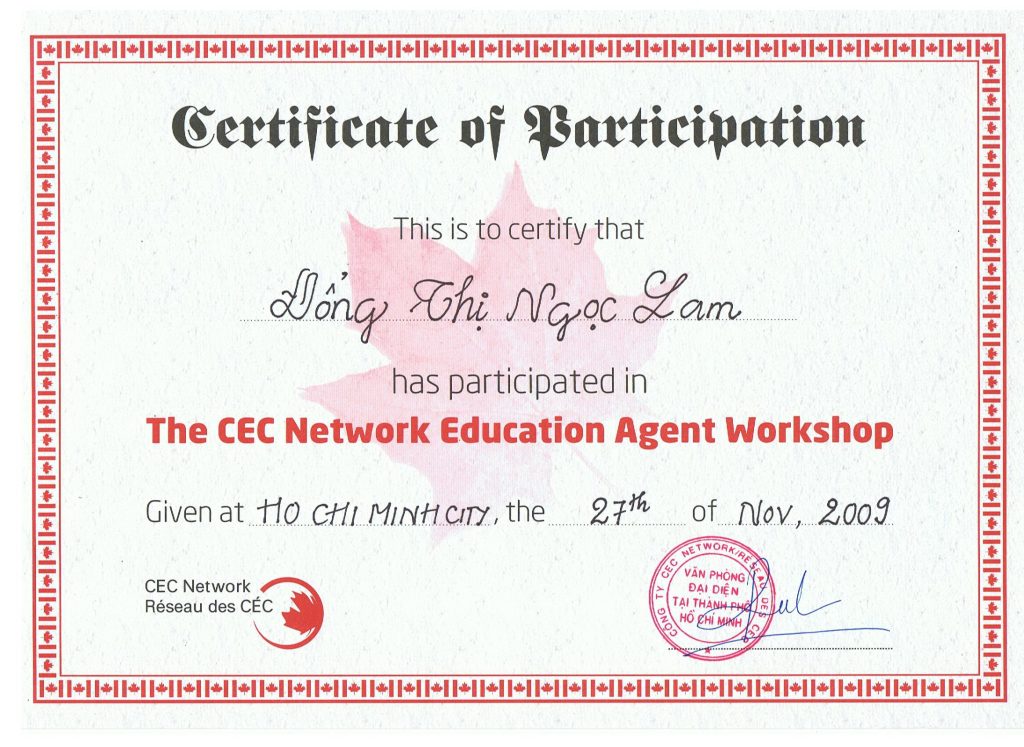 Chứng chỉ The CEC Network Education Agent Workshop - Du học Đại Dương